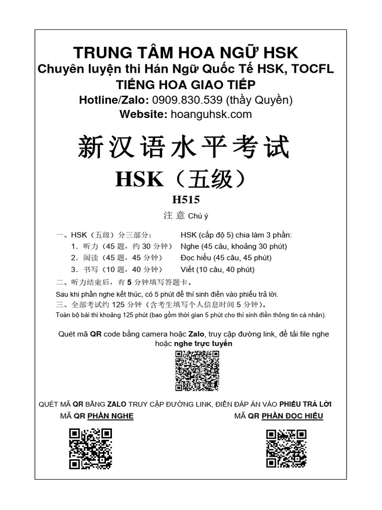 Trung Tâm Hoa Ng Ữ Hsk: Chuyên luy ện thi Hán Ngữ Quốc Tế HSK, TOCFL TI Ếng Hoa Giao Tiếp | PDF