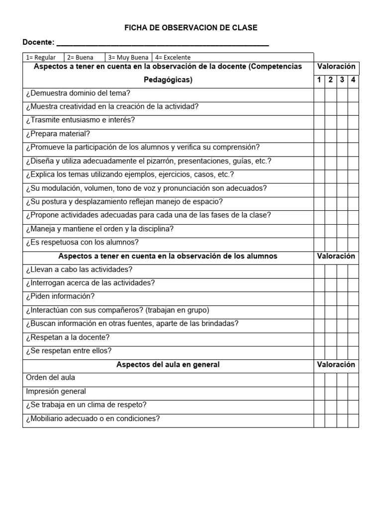 Ficha de Observacion de Clase | Descargar gratis PDF | Aprendizaje | Salón de clases