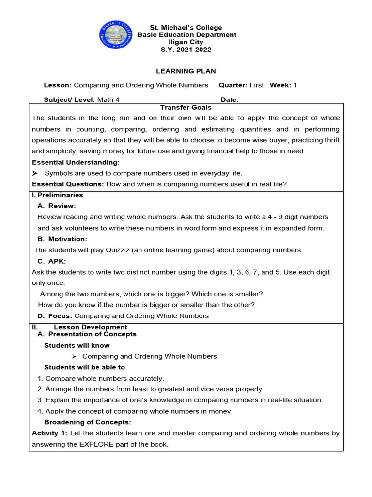 Comparing and Ordering Whole Numbers | PDF | Mathematics | Cognition