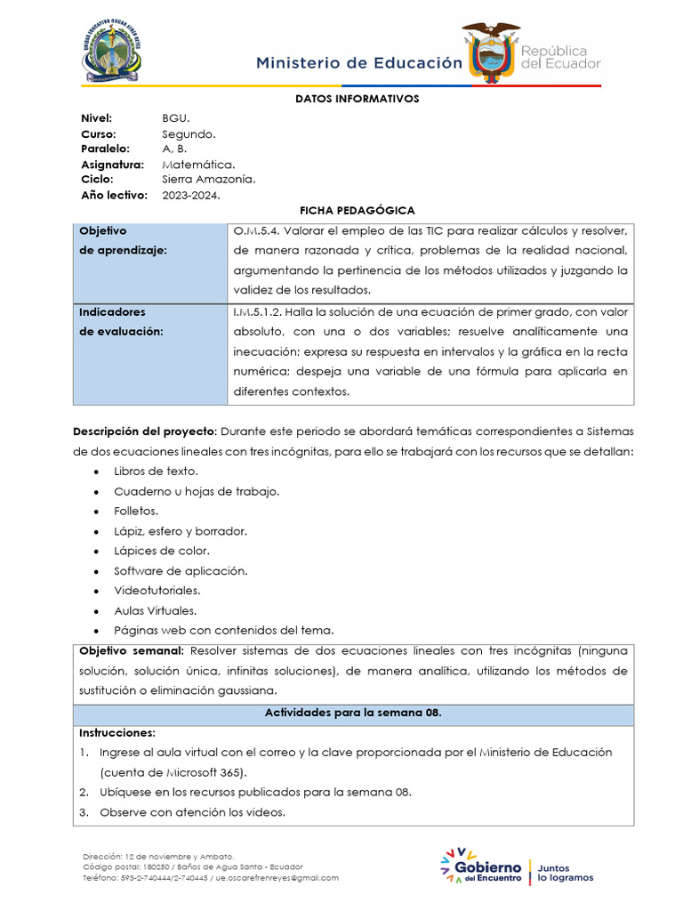 Ficha - Matematica 2do BGU S08 | PDF | Ecuaciones