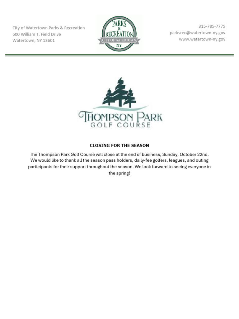 Thompson Park Golf Course Season Closure | PDF