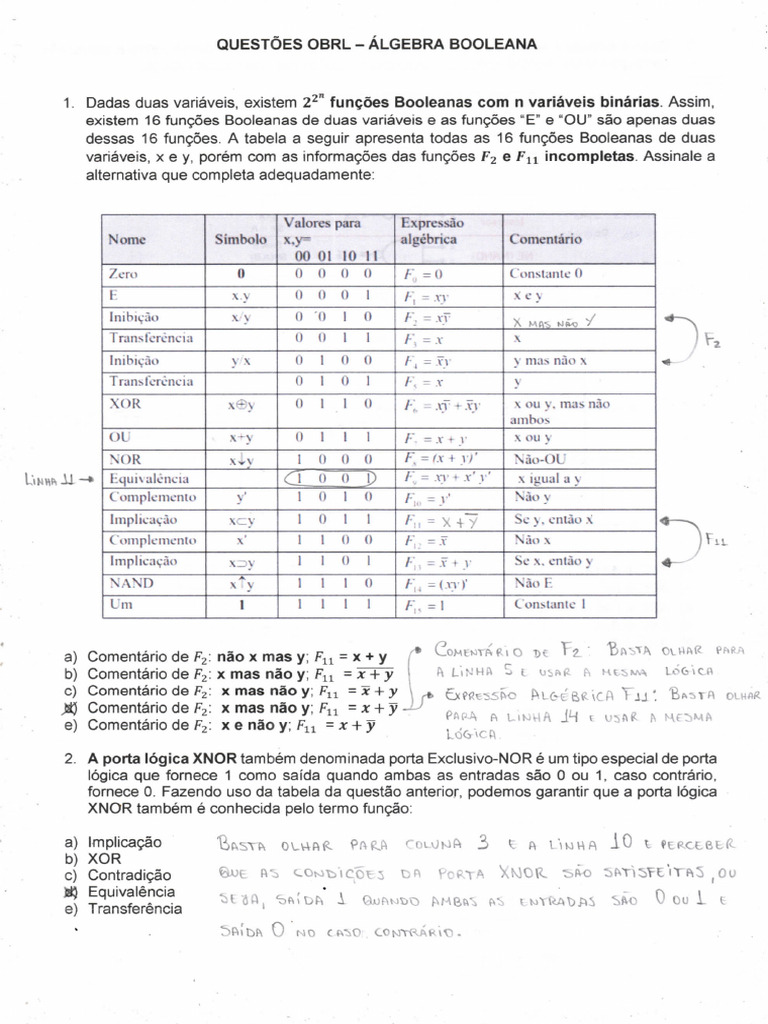 Questões de Álgebra Booleana Resolvidas | PDF