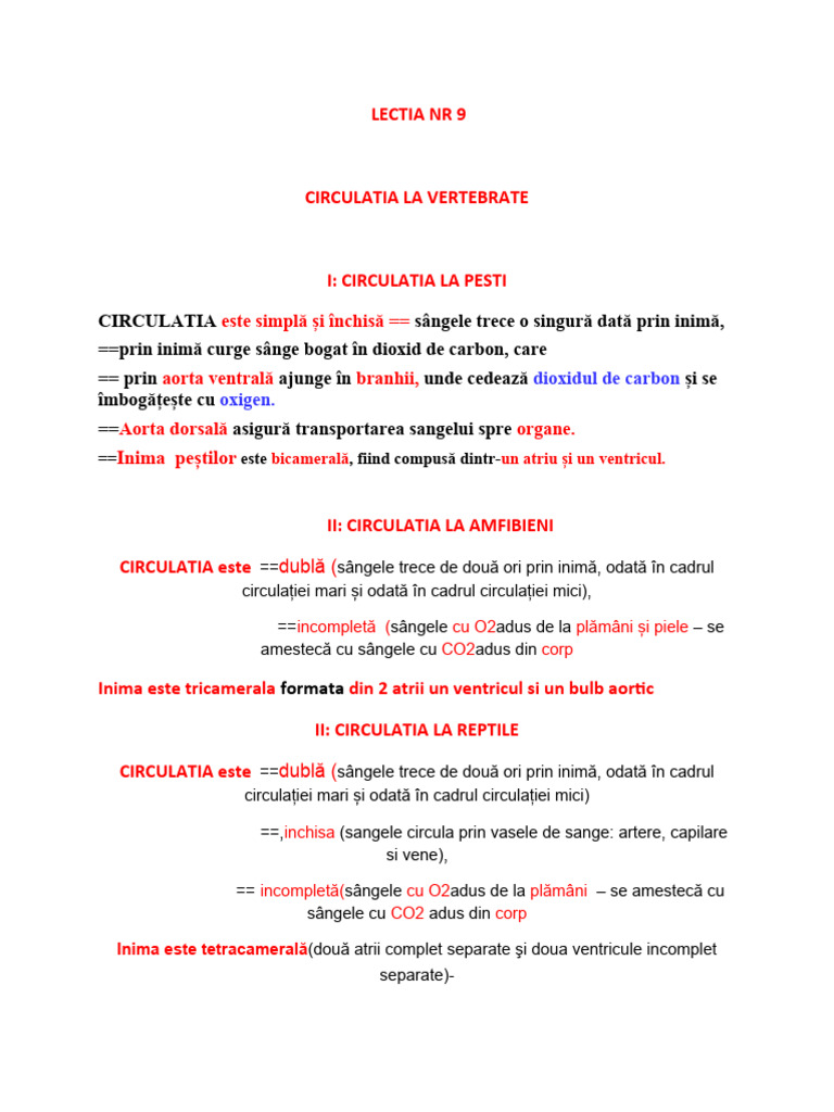 Lectia NR 9 Circulatia La Vertebrate | PDF