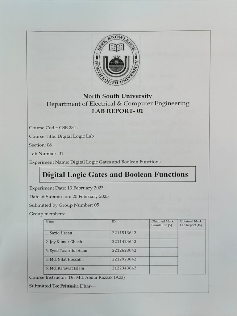 CSE 231L Lab Report 1 | PDF | Logic Gate | Electronic Circuits