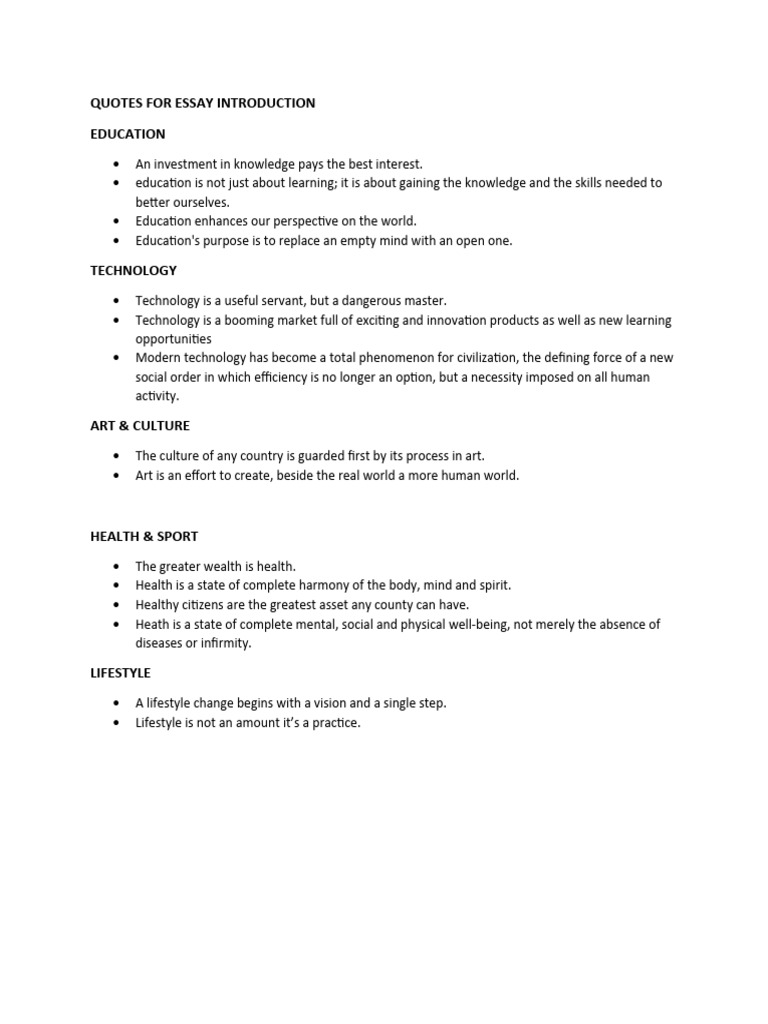 Quotes for Essay Introductions | PDF | Politics | Self-Improvement