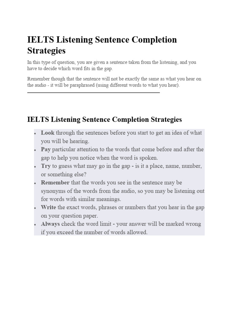 IELTS Listening Sentence Completion Strategies | PDF