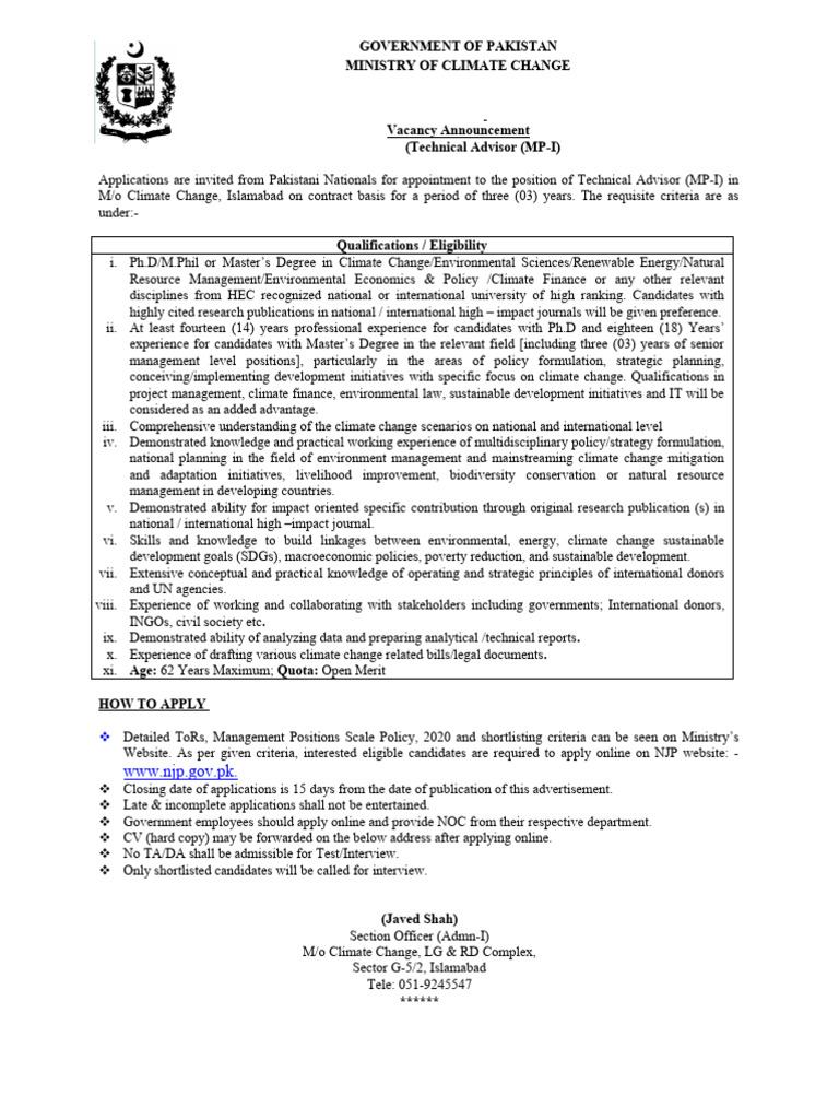 Technical Advisor Vacancy in Climate Change | PDF | Business