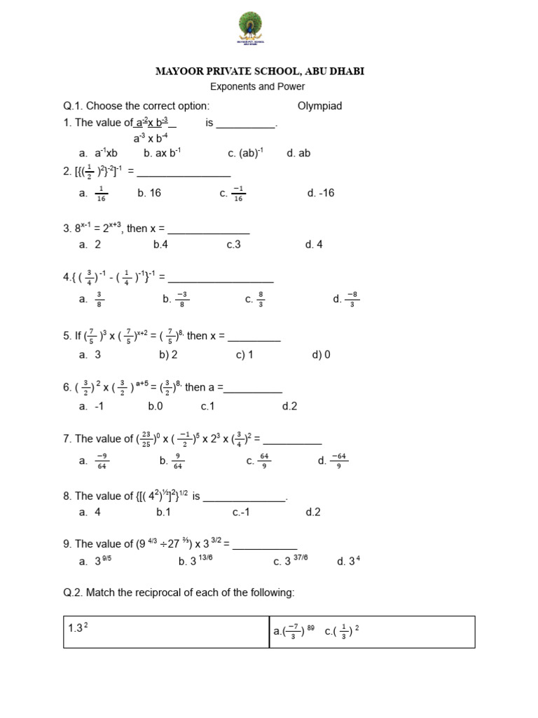 Exponents and Powers PracticeWorksheet-1 | PDF | Mathematics | Arithmetic