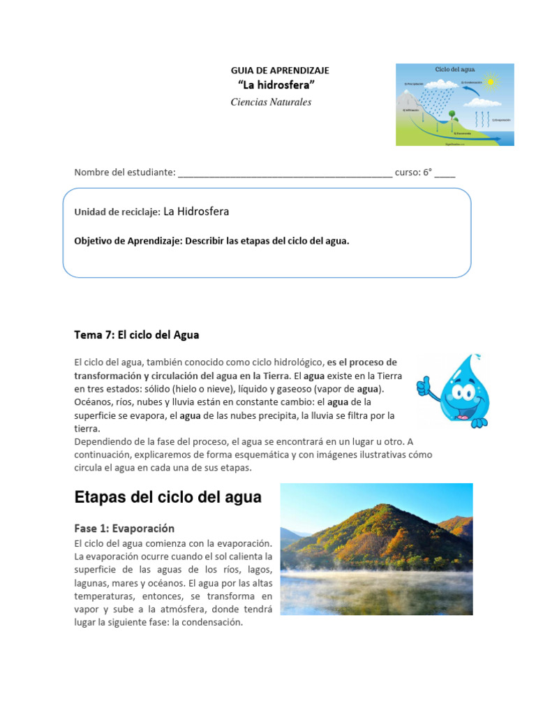 Ciencias Naturales 6 A y B Guia 3 | PDF | El ciclo del agua | Agua