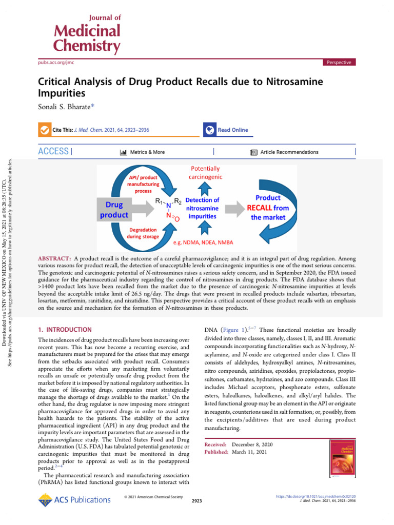 Critical Analysis of Drug Product Recalls Due To Nitrosamine | PDF ...