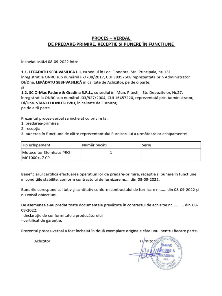 Proces Verbal de Predare Primire Receptie Si Punere Functiune | PDF