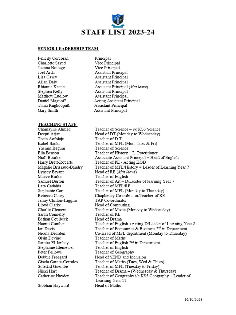 Staff List 2023 24 170723 | PDF | Science
