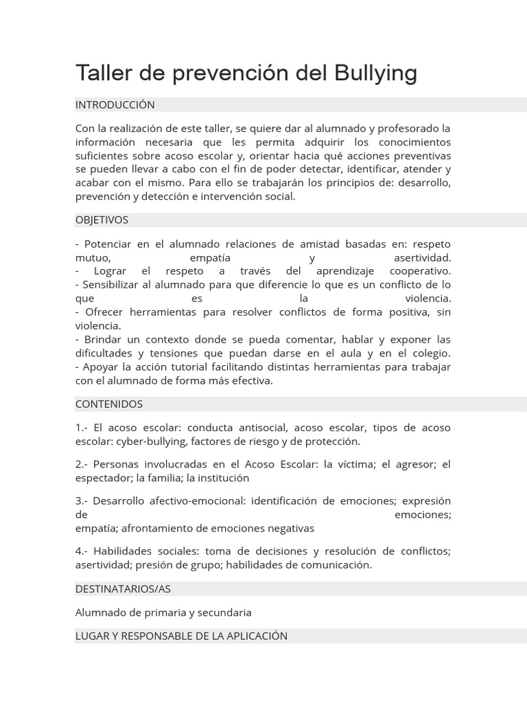 Taller de Prevención del Bullying Escolar | PDF
