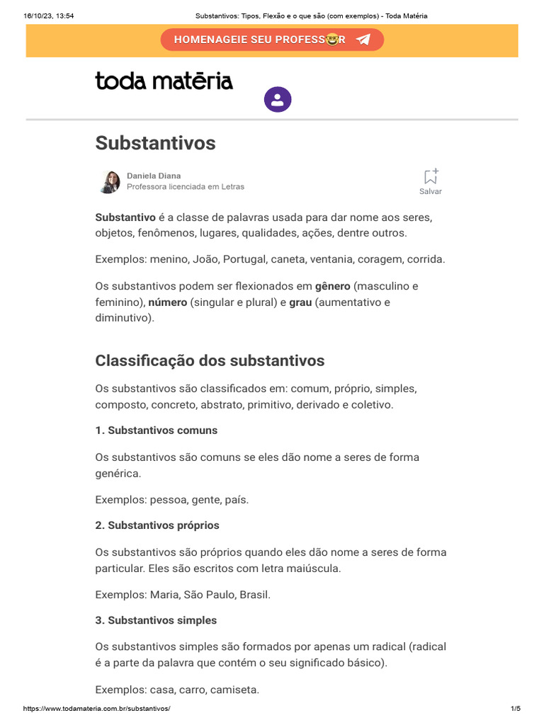 Substantivos - Tipos, Flexão e o Que São (Com Exemplos) - Toda Matéria | PDF | Substantivo ...