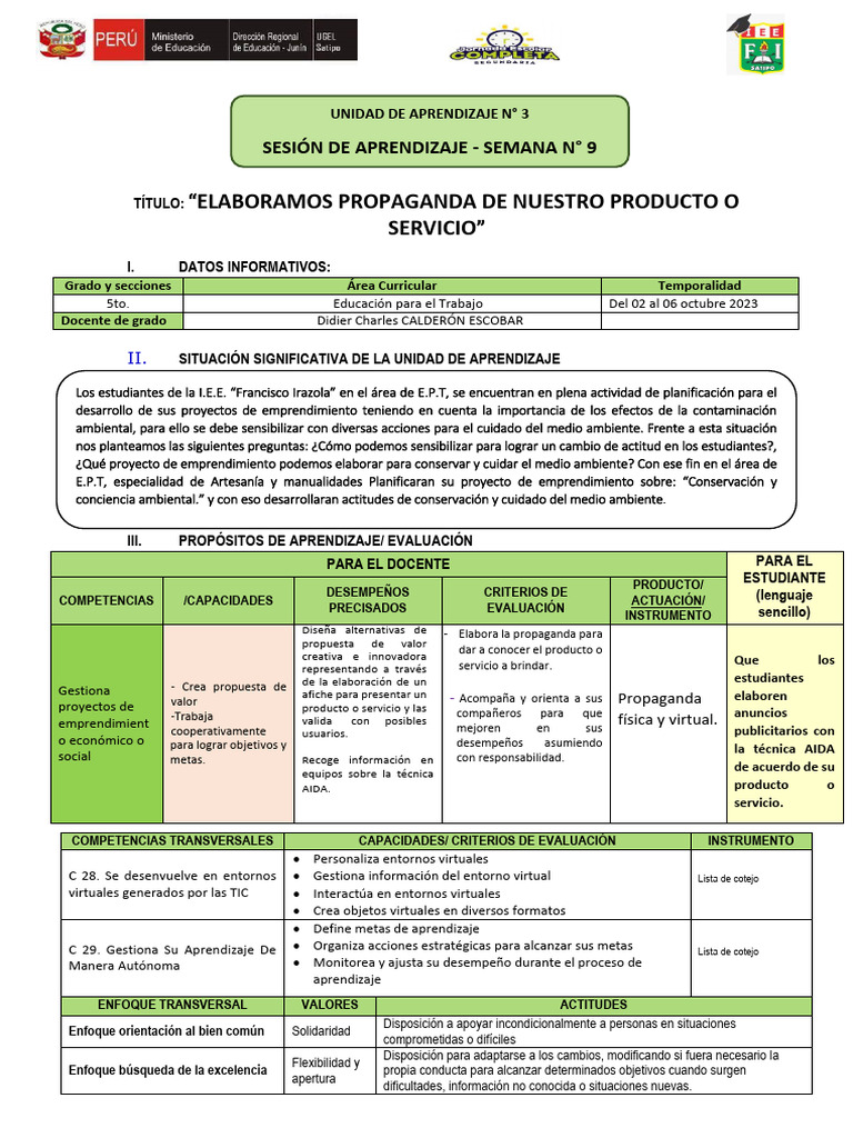 Sesión de Aprendizaje 5 Ept - Semana 9 | Descargar gratis PDF | Publicidad | Evaluación