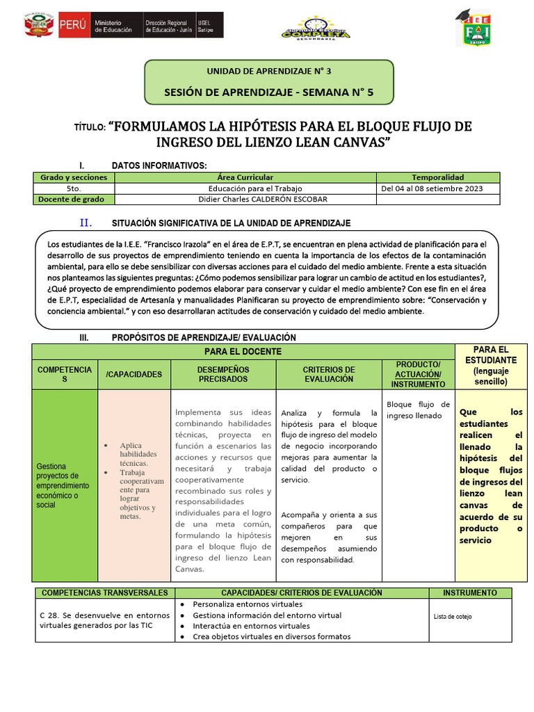 Sesión de Aprendizaje 5 Ept - Semana 5 | PDF