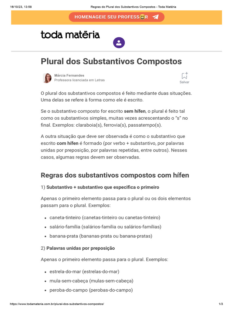 Regras do Plural dos Substantivos Compostos - Toda Matéria | PDF ...