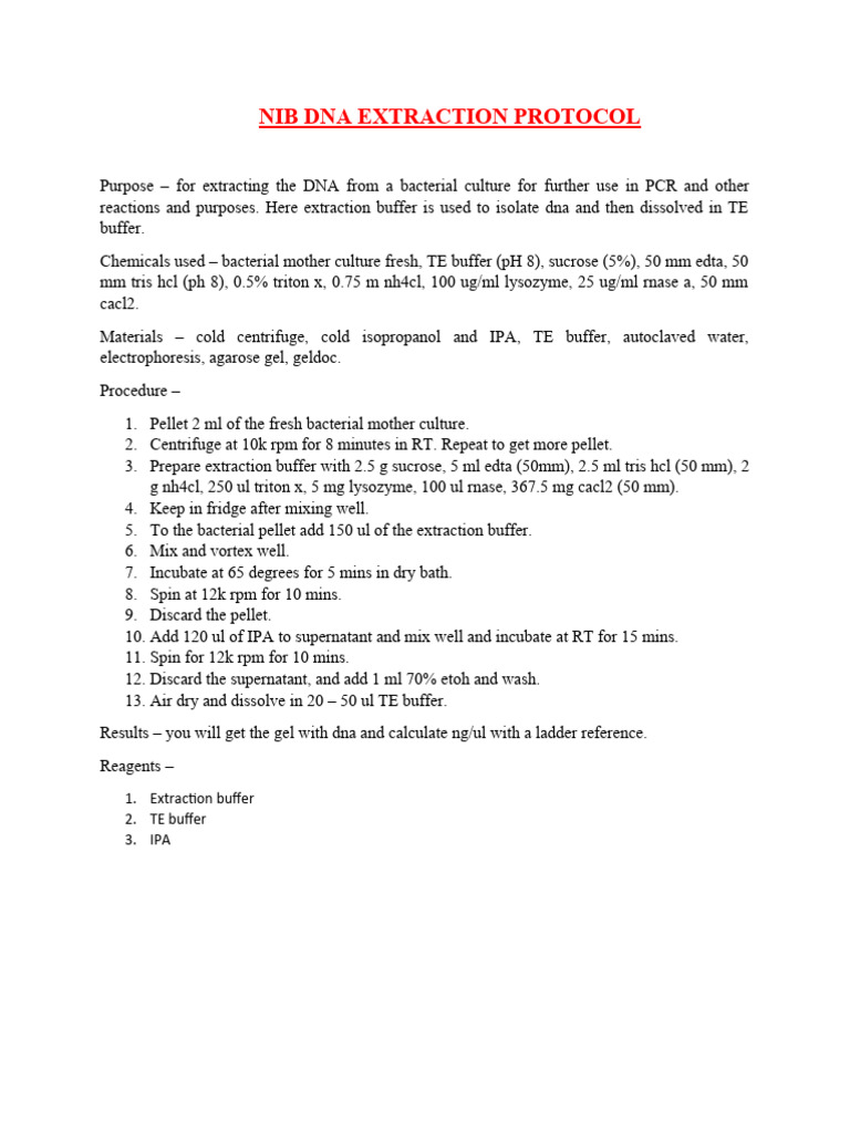 Nib Dna Extraction Protocol | PDF | Science & Mathematics