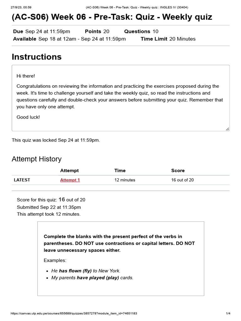 Week 06 Quiz: Present Perfect Practice | PDF