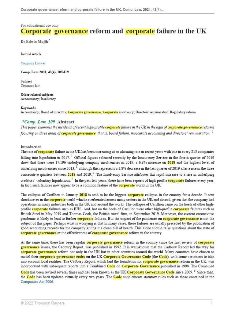Corporate Governance Reform and Corporate Failure in The UK | PDF ... Corporate Governance Reform and Corporate Failure in The UK | PDF ...