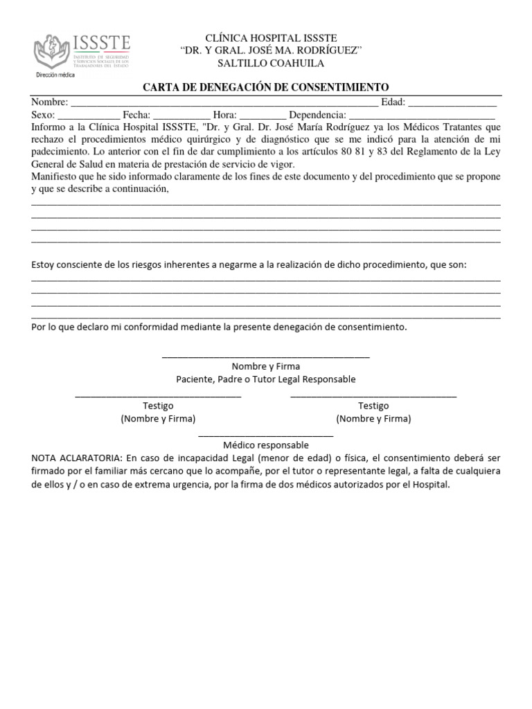 Denegacion de Consentimiento Informado ISSSTE | PDF