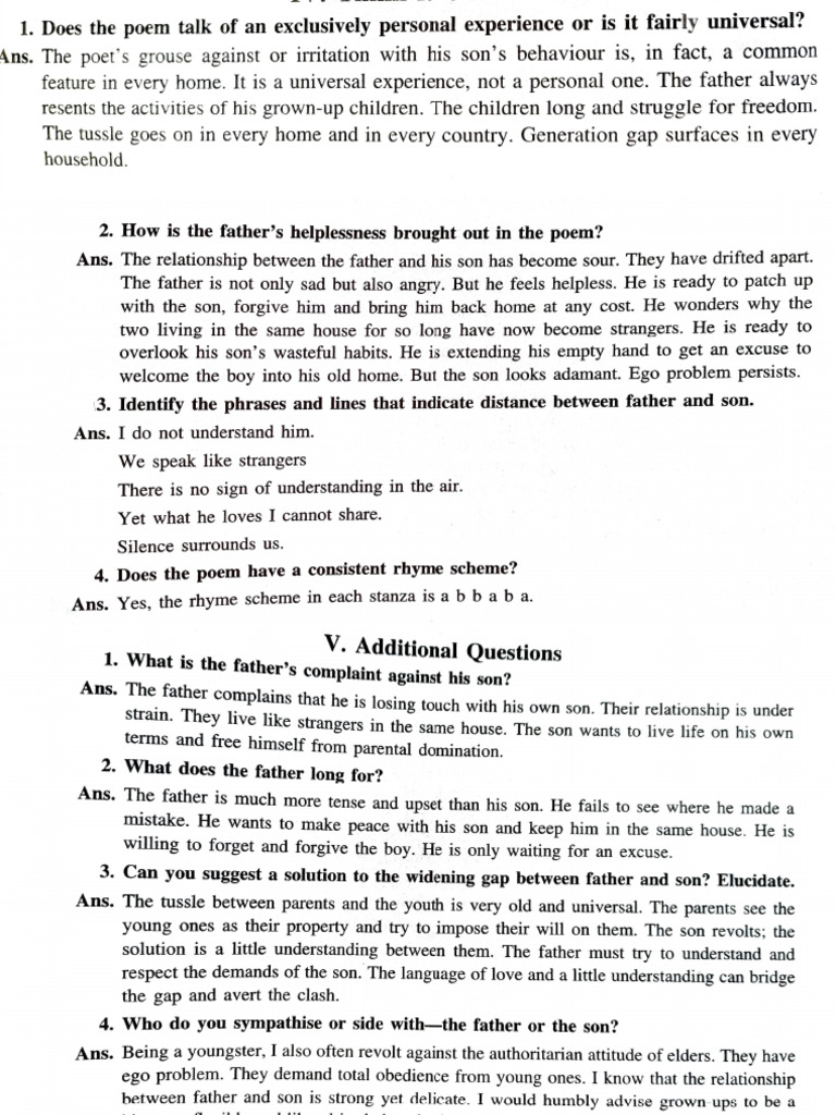 Poem - Father To Son (Question Answers) | Download Free PDF | Poetry