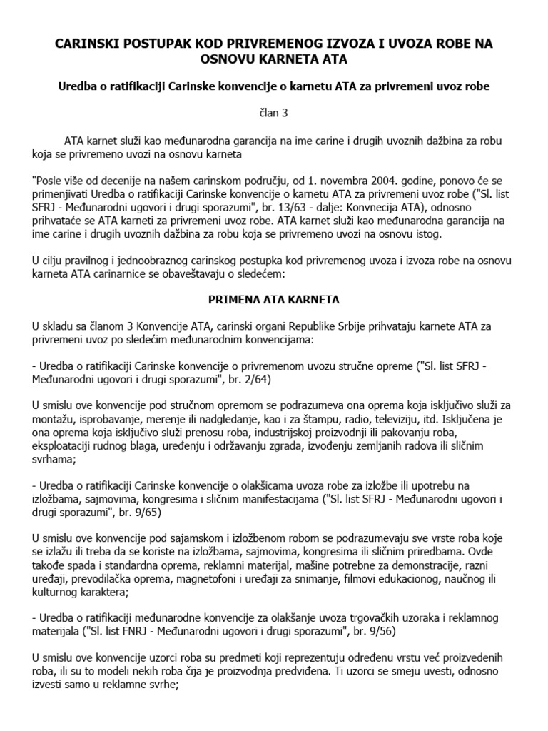 Carinski Postupak Kod Privremenog Izvoza I Uvoza Robe Na Osnovu Karneta ...
