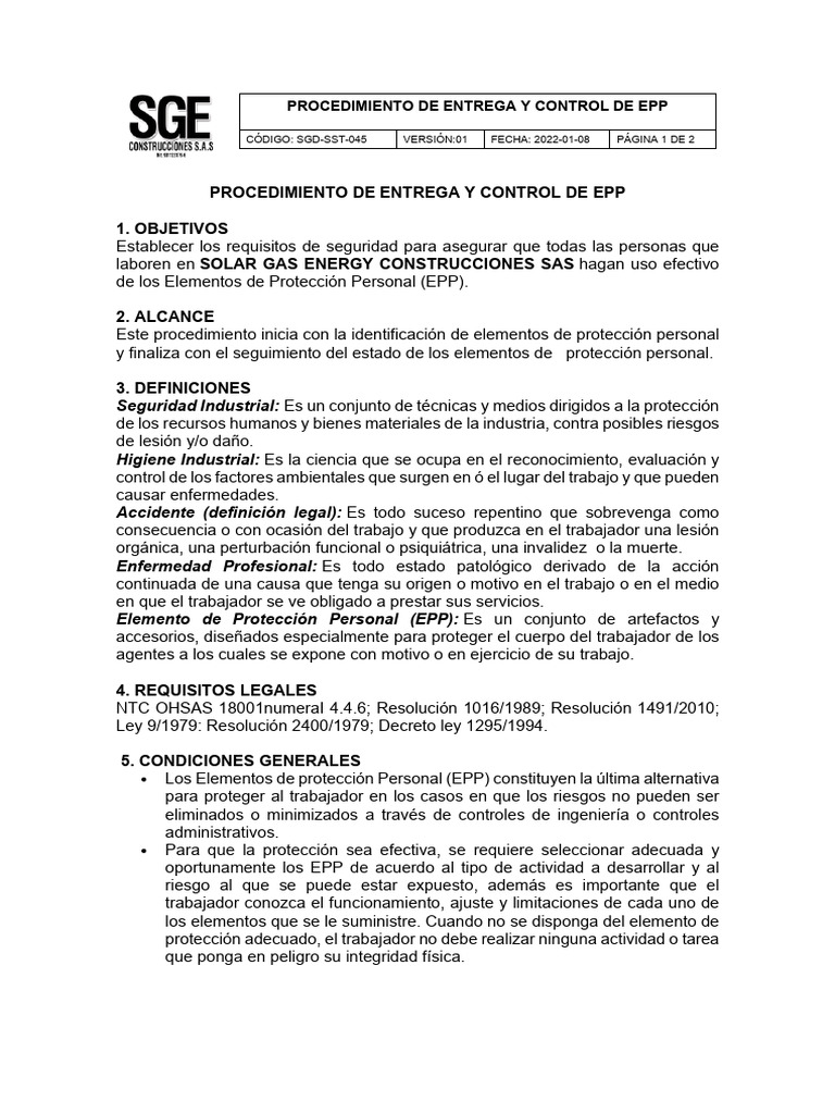 59 Sgd-sst-045 Procedimiento de Control de Epp | PDF | Seguridad y salud ocupacional