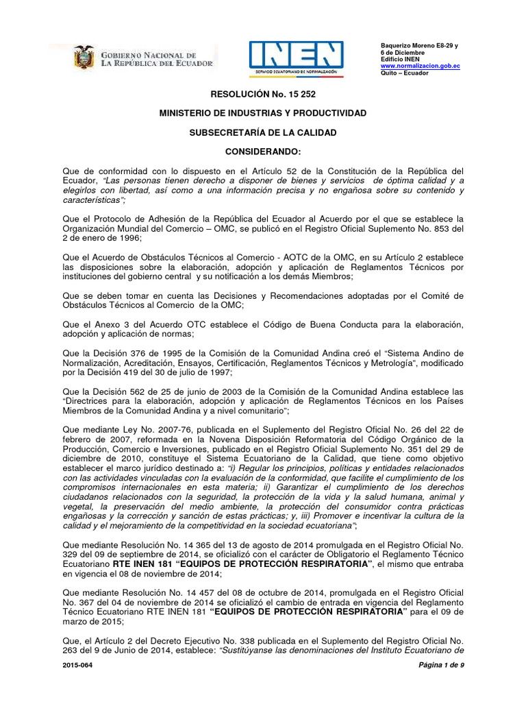 Rte Inen 181-1R Reglamento Tecnico Ecuatoriano Equipos de Proteccion ...