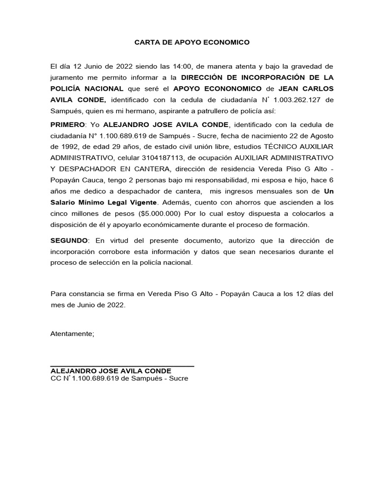 Carta De Apoyo Economico Jean Carlos Avila Pdf