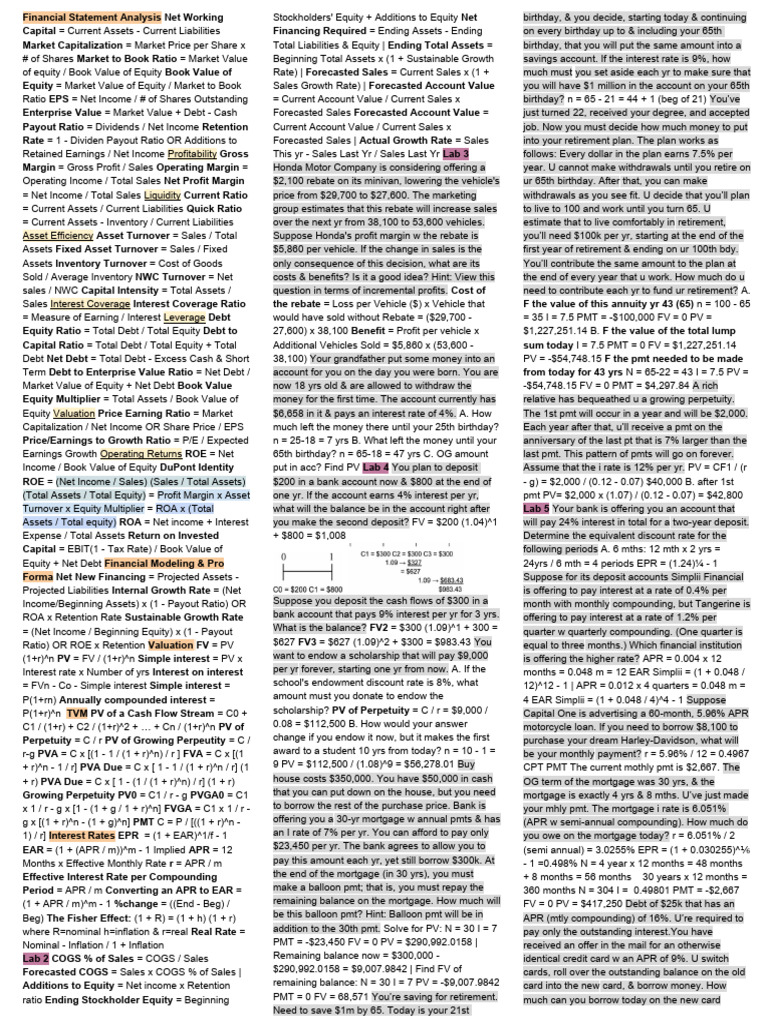 FIN 300 - Cheat Sheet | PDF | Equity (Finance) | Book Value