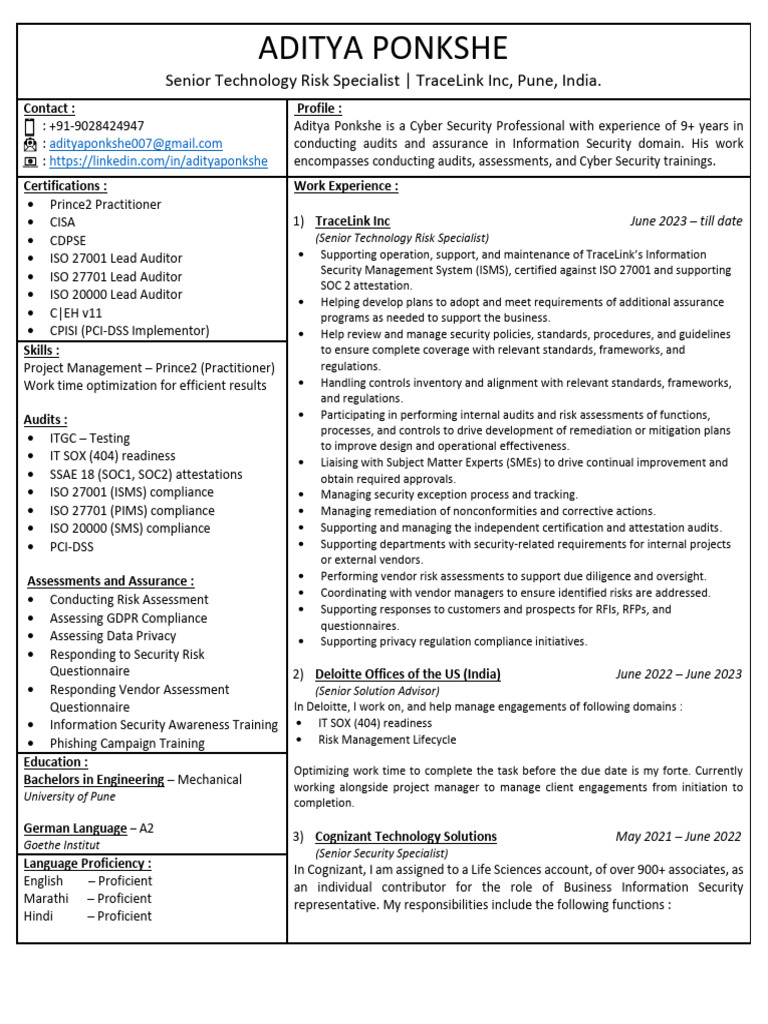 Resume - Aditya Ponkshe | PDF | Audit | Information Security Resume - Aditya Ponkshe | PDF | Audit | Information Security