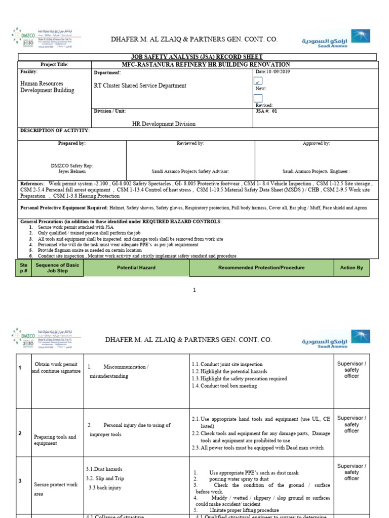Job Safety Analysis Aramco | PDF