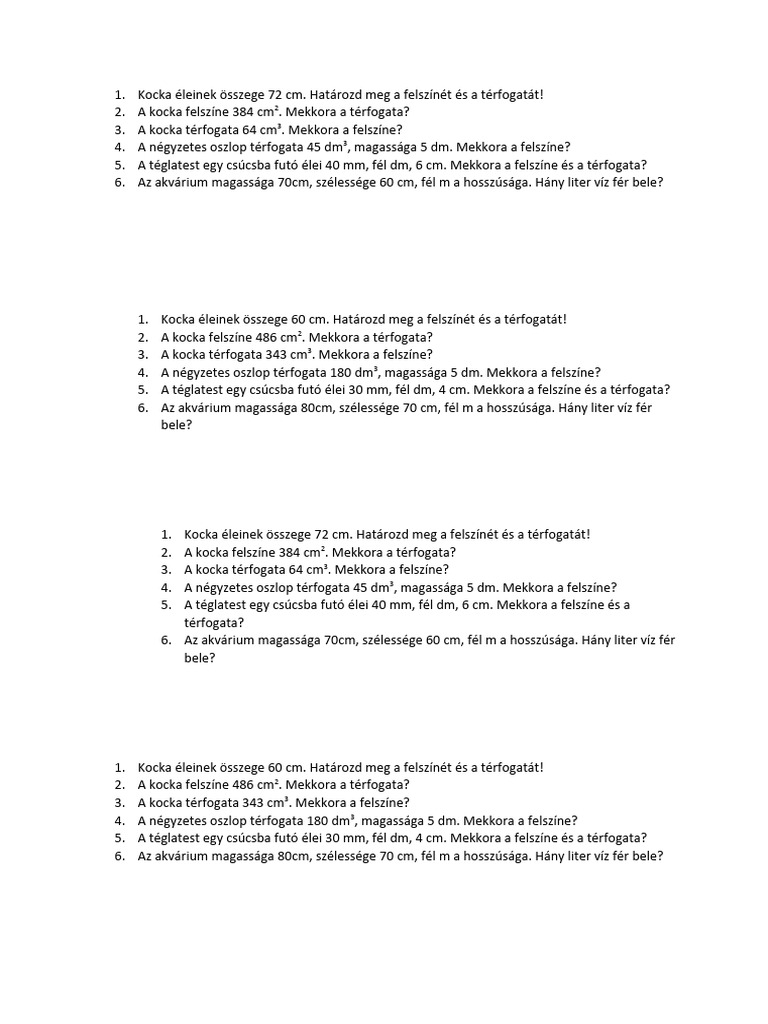 Hasáb Felszín, Térfogat | PDF