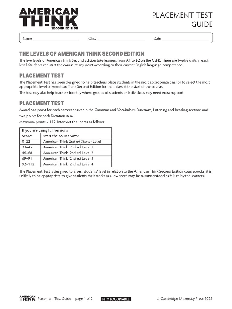 American Think 2nd Edition Placement Test | PDF | Applied Linguistics ...