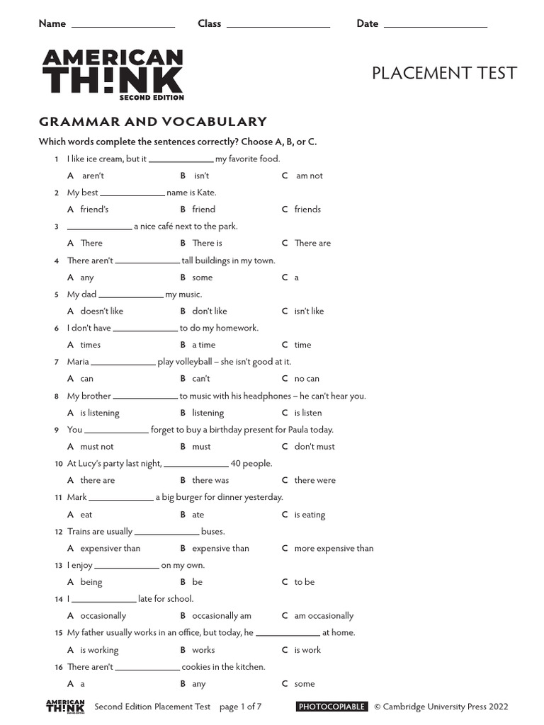 American Think 2e PlacementTest | PDF