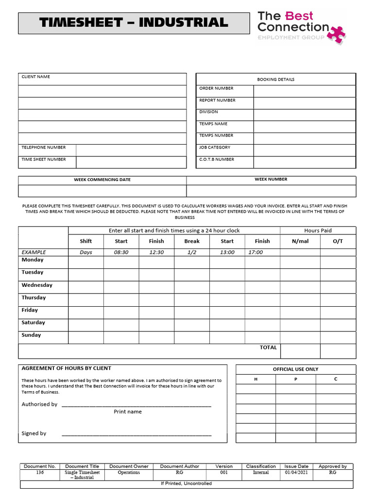 136 Industrial Single Timesheet | PDF