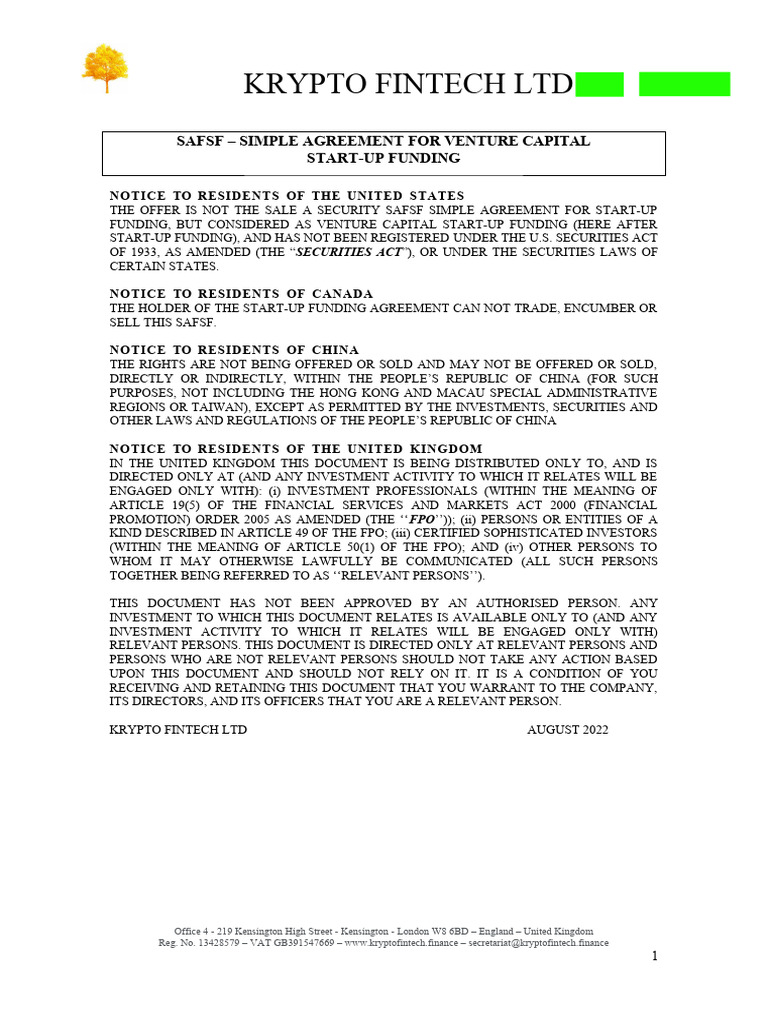 Krypto - Fintech Safsf Simple Agreement For Startup Funding August 2022 | PDF | Investing ...