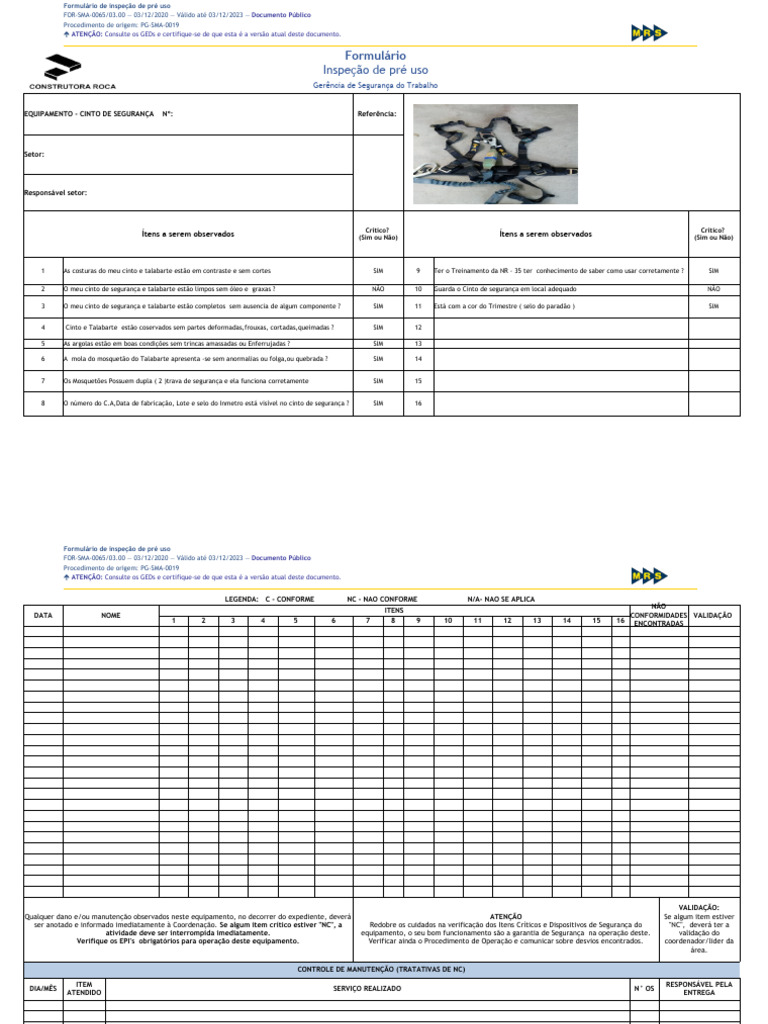 Check List Cinto de Segurança | Download grátis PDF | Motores | Bens ...
