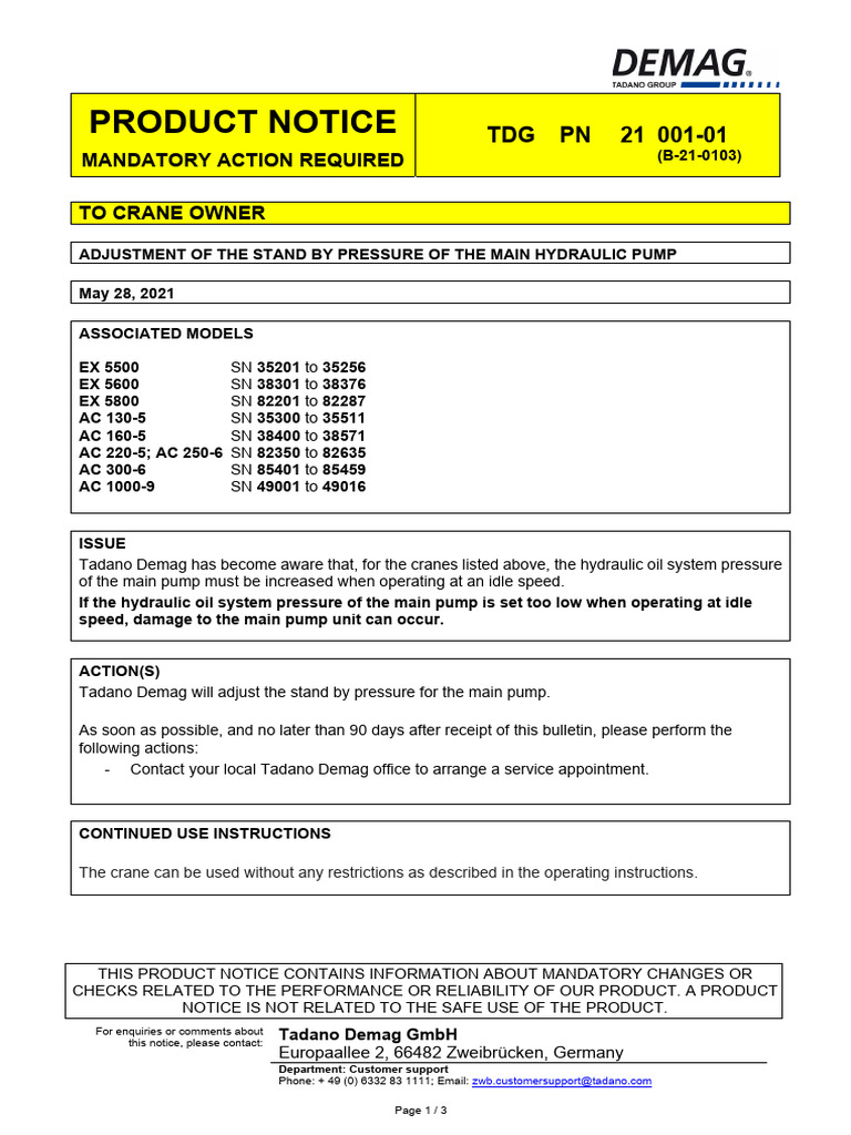 TDG PN 21 001-01 (B-21-0103) Adjustment of The Standby-Pressure of The Main Hydraulic Pump ...