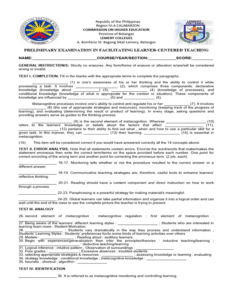 2022 Prelim in FLCT | PDF | Metacognition | Learning