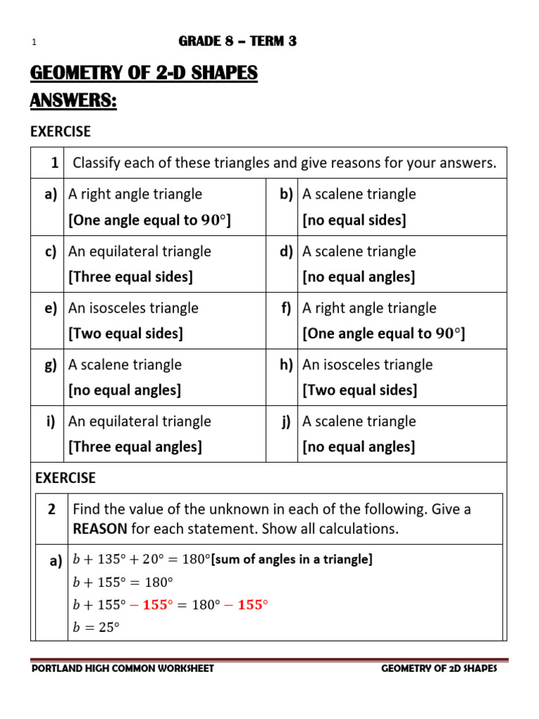 Term 3 Grade 8 Geometry of 2D Shapes - Answers | PDF