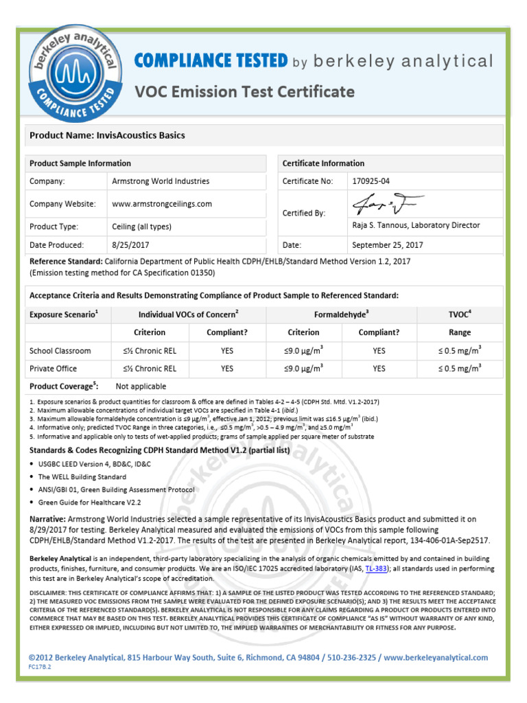 Voc Certificate of Compliance Invisacoustics Basics | PDF | Volatile Organic Compound