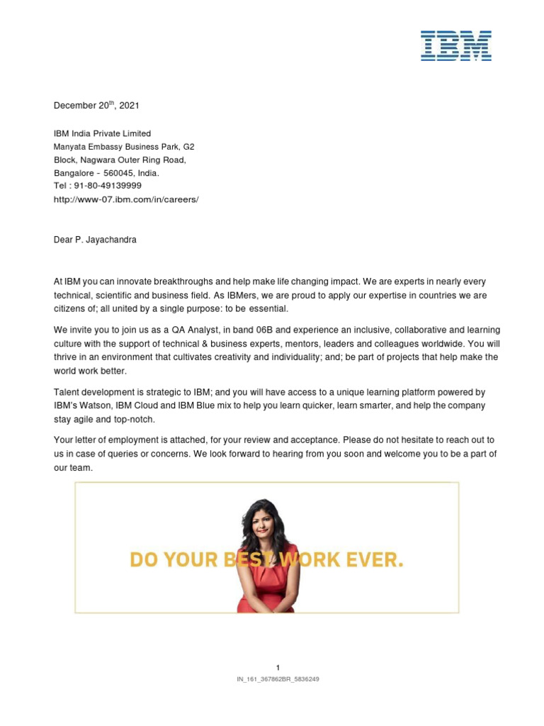 IBM Offer Letter - P. Jayachandra | PDF | Employment | Insurance