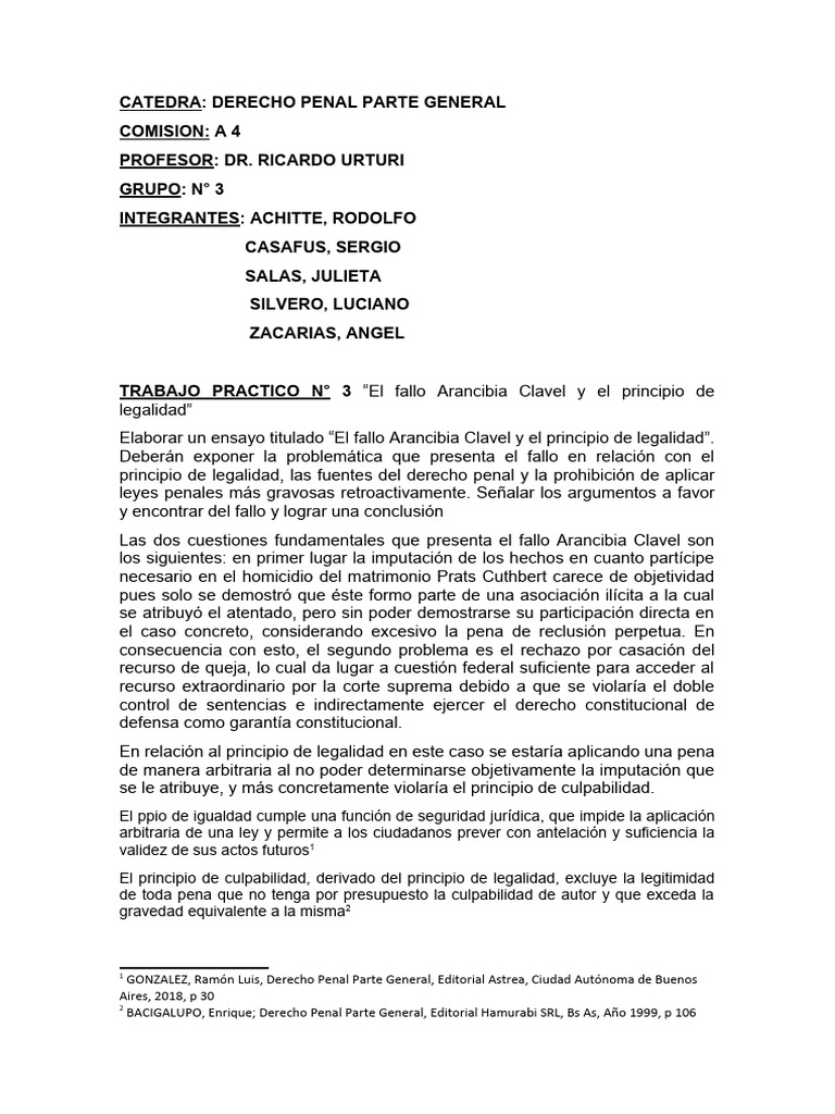 TP N 3 El Caso Arancivia Clavel y El Ppio de Legalidad | PDF | Derecho penal | Debido al proceso