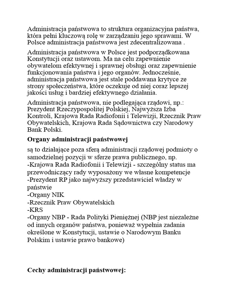 Administracja Państwowa Notatka | PDF