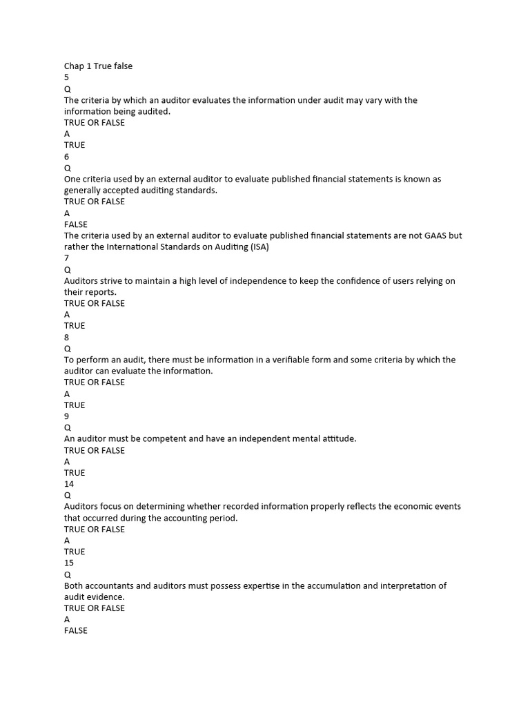 Chap 1+ 6 True False | PDF | Financial Audit | Audit