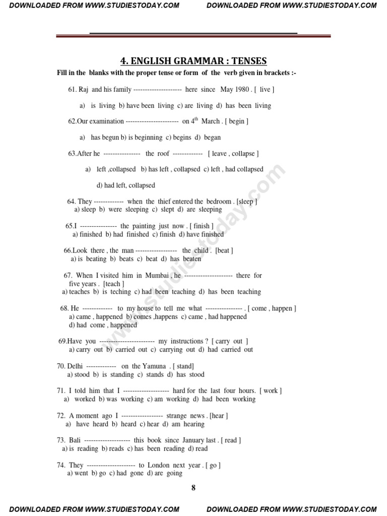 Class 8 Tenses MCQ Quiz with Answers | PDF