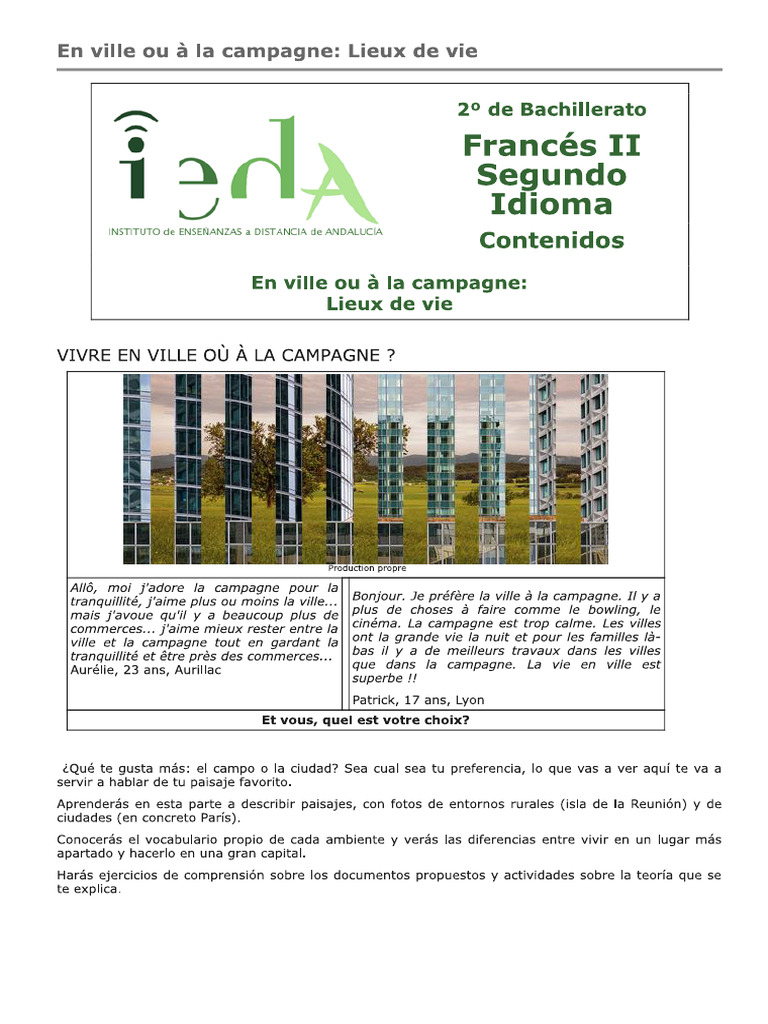 FR2 - Tema 1.1 en Ville Ou a La Campagne Lieux de Vie | PDF
