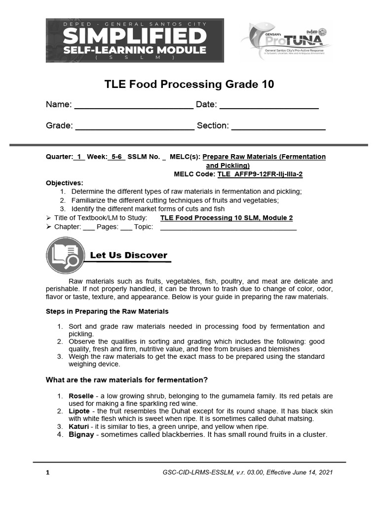 G10 Q1 W5 6 Tle Sslm Food Processing G10 Q1 W5 6 Pdf Pickling